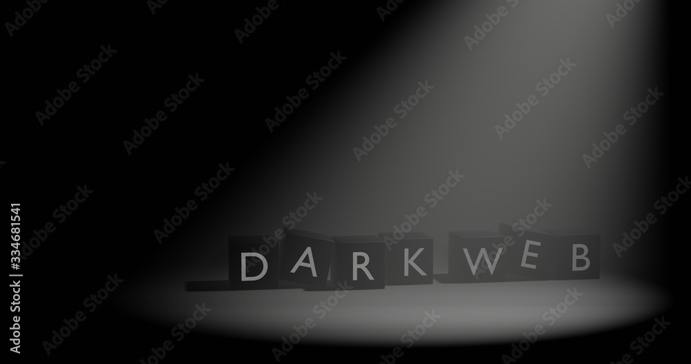 Dark Web letter at cube in dark background with volumetric spotlight ...