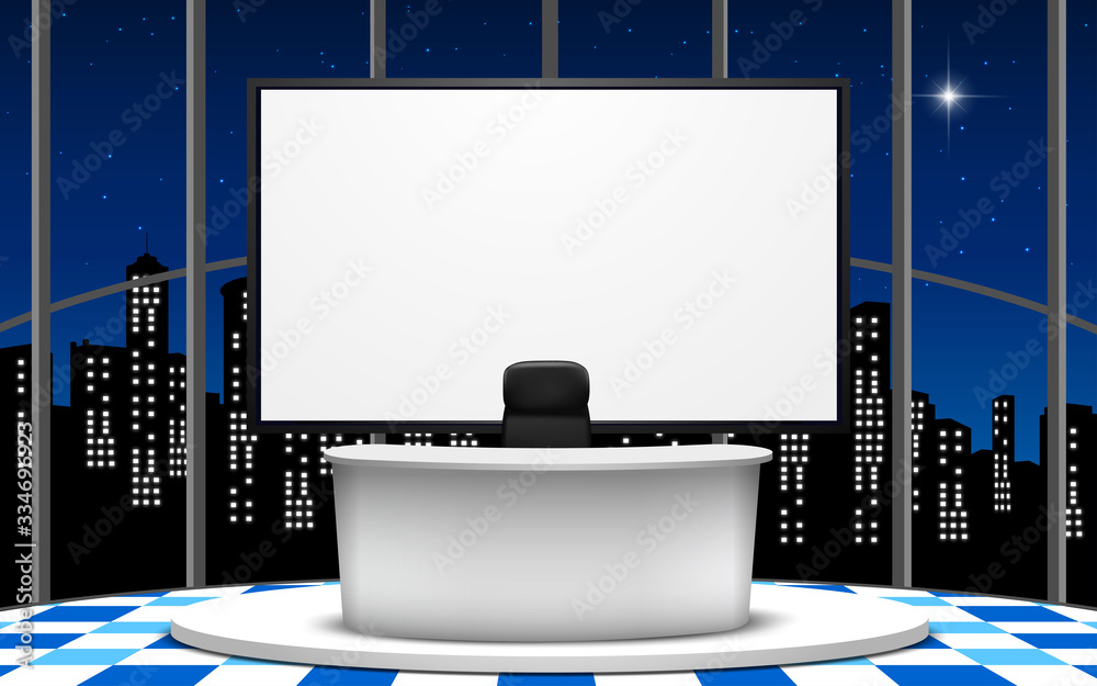 white table and lcd tv in the news studio room with city in the night ...
