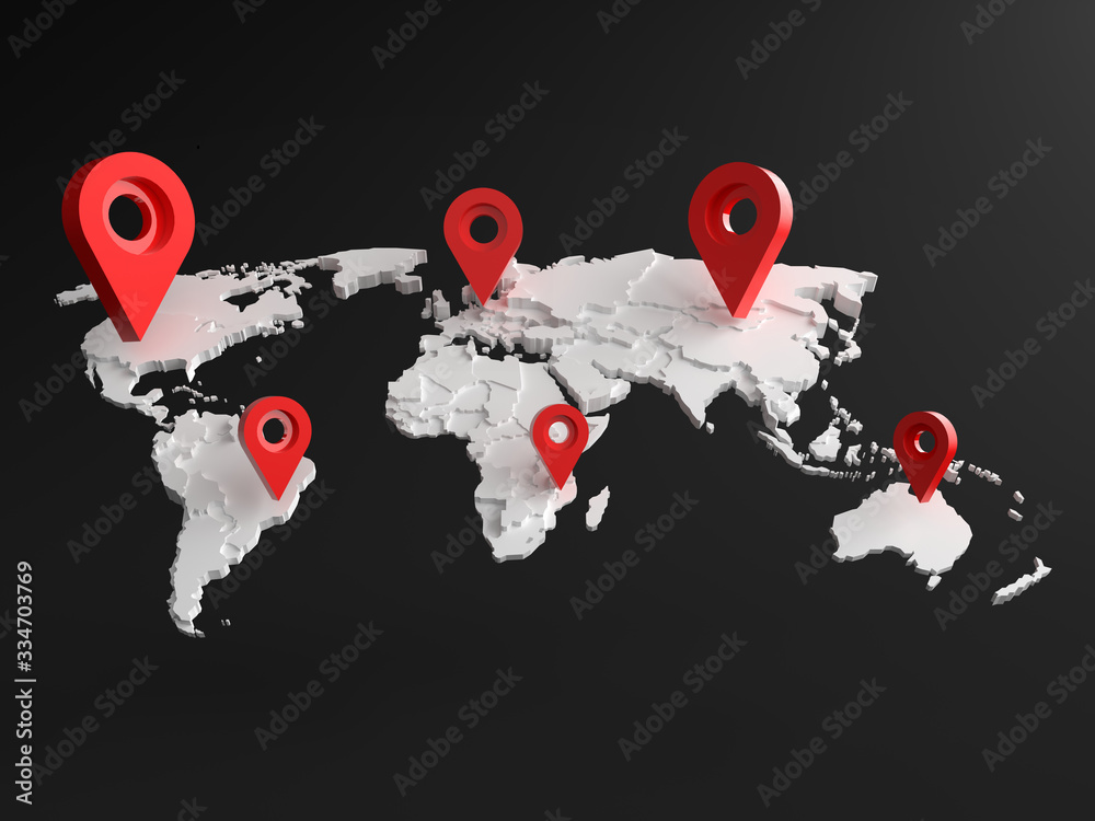 3D simulated world map White colors divided into zones for each ...
