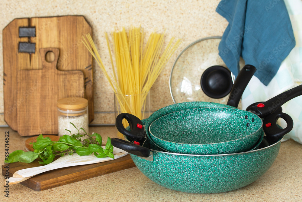 Cooking food background. Set of empty ceramic coated dishes on a stone ...