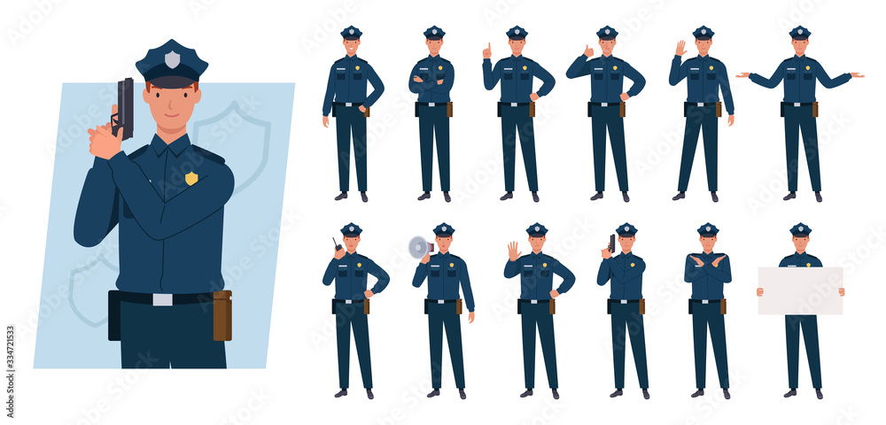 Policeman character set. Different poses and emotions. Vector ...