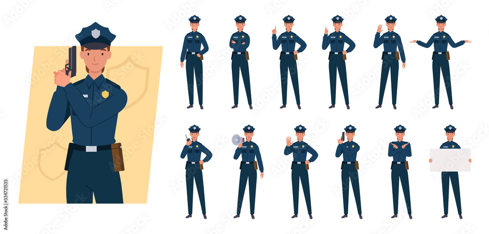 Policewoman character set. Different poses and emotions. Vector ...
