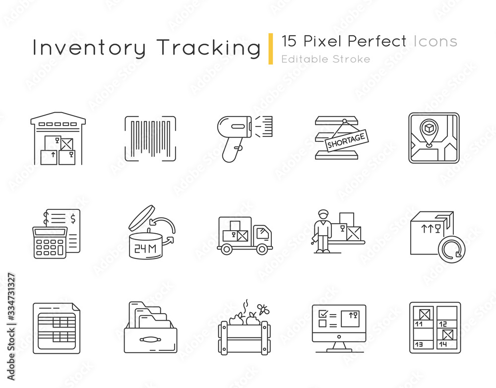 Inventory tracking pixel perfect linear icons set. Warehousing, goods ...