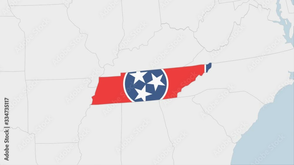 US State Tennessee map highlighted in Tennessee flag colors and pin of ...