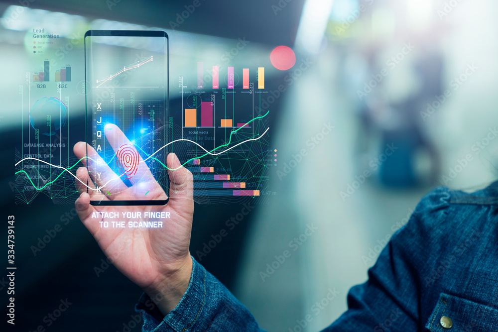 close up female hand show virtual future technology screen device of ...