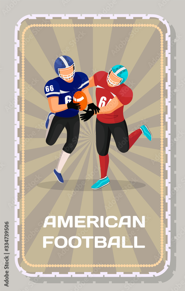 Two footballers from different teams play on arena in american football ...