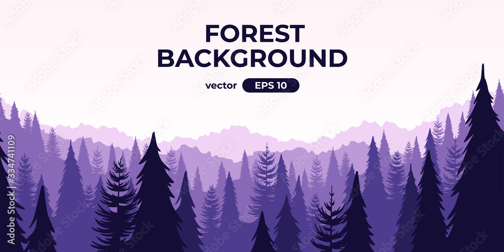 Seamless forest landscape. Colorful silhouette with trees, pines, firs ...
