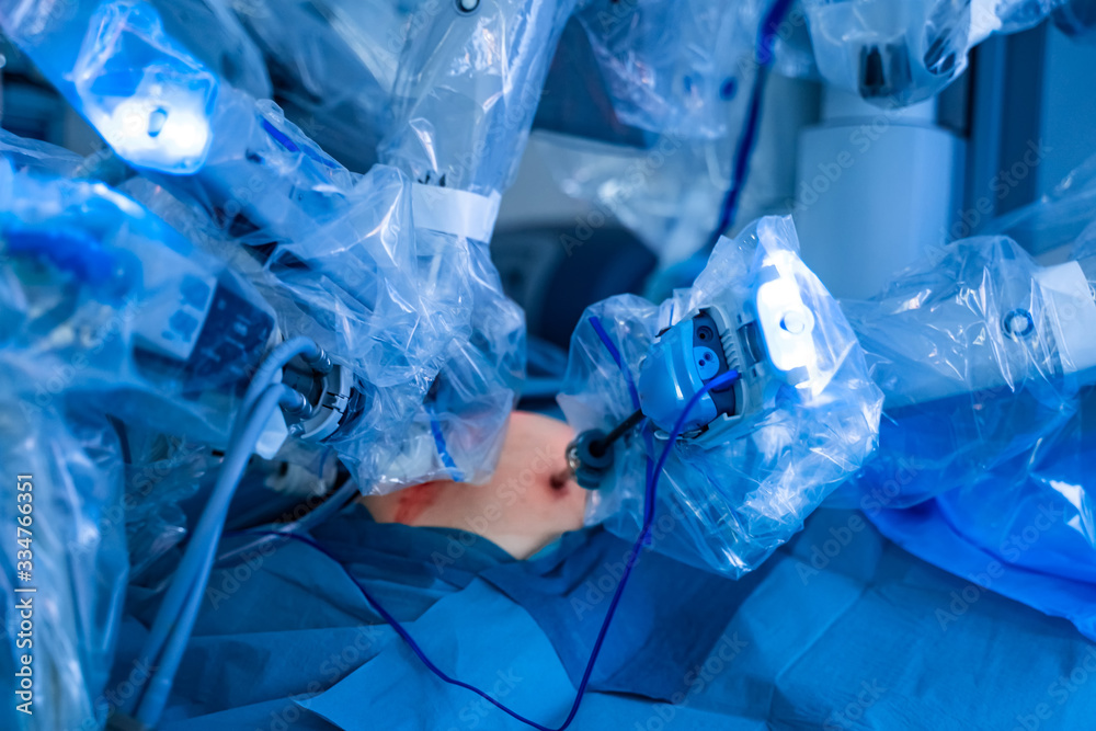 Medical robotic surgery machine DaVinci. Manual control by minimally ...