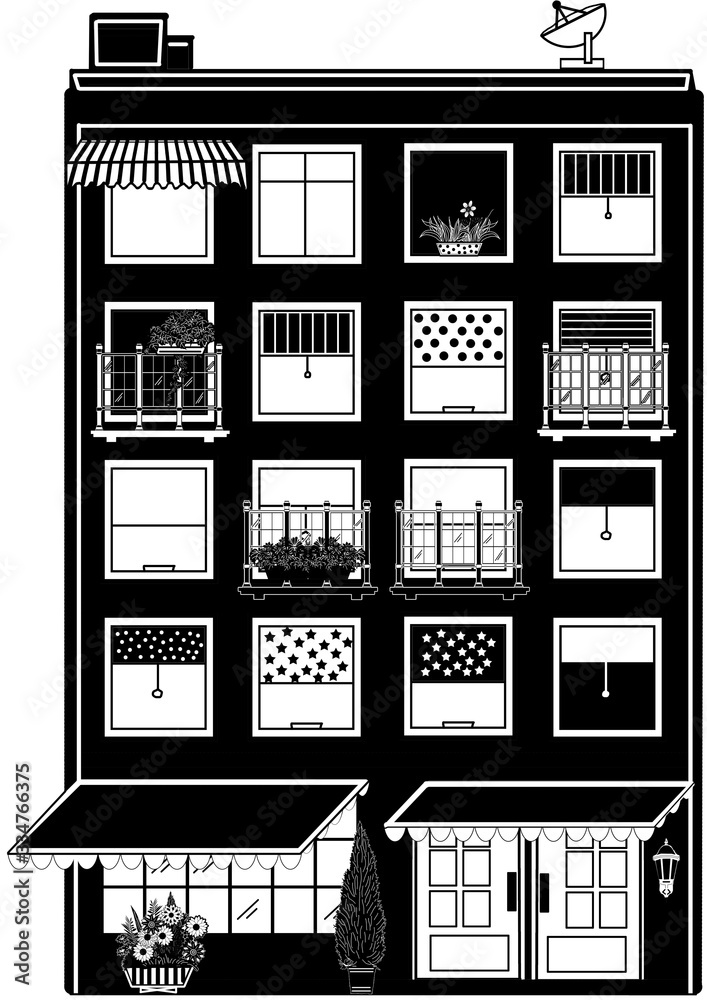 line drawing house, black and white building hand draw with details and ...