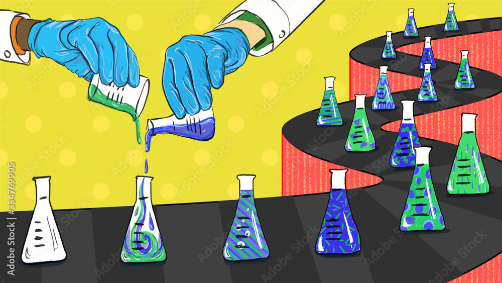 Two scientist hands pouring liquid into beaker on assembly line in ...