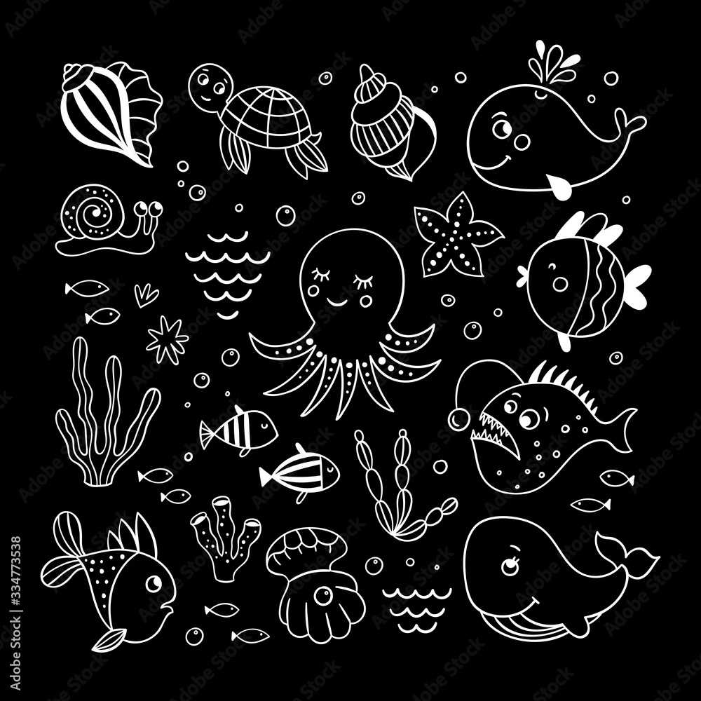 Sea animals and creatures vector outline illustrations. Hand drawn ...