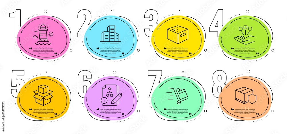 Delivery insurance, Buildings and Push cart signs. Timeline steps infographic. Office box ...