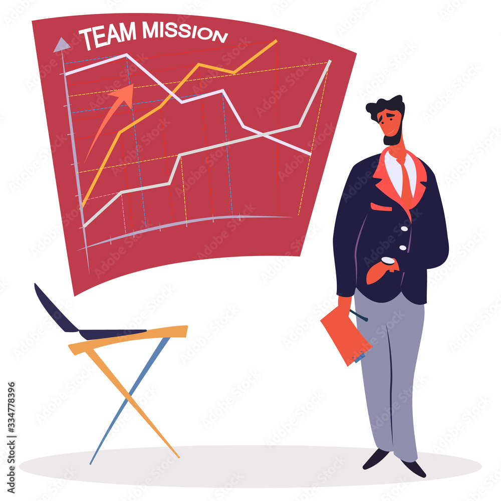 Man on presentation of team workflow vector. Team mission progress data ...