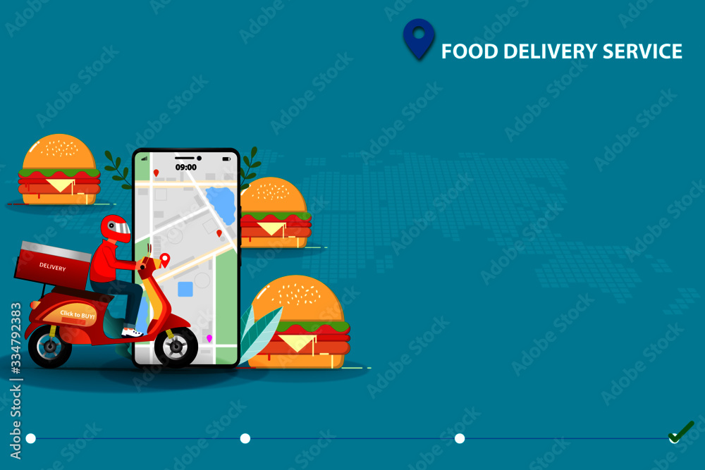 Concept of fast food delivery service, man driving scooter in front of ...