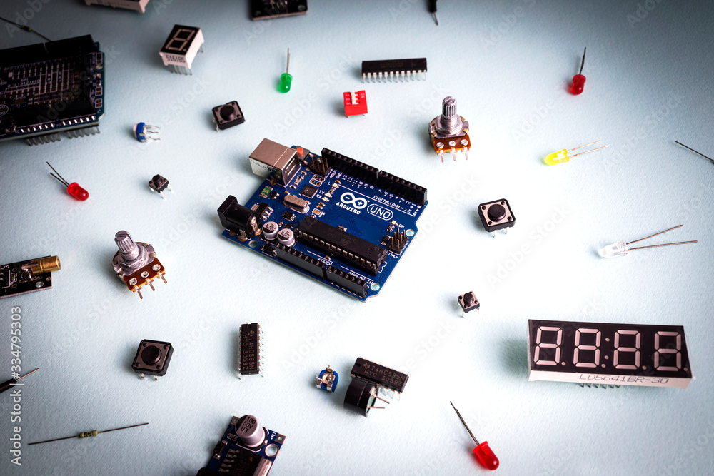 Arduino UNO board and components on light background Stock Photo ...