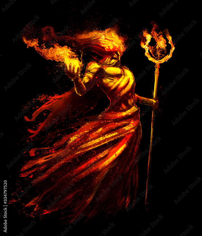 The fire spirit, surrounded by sparks and flames, holds a sphere of ...