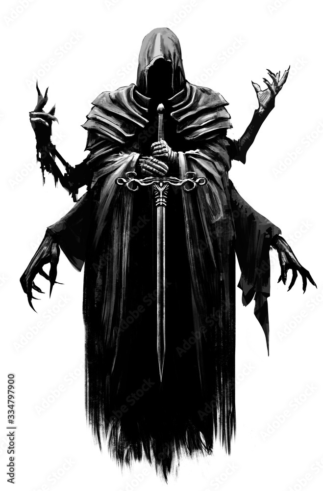 A creepy Ghost with six hands in a sinister hood in which there is a ...