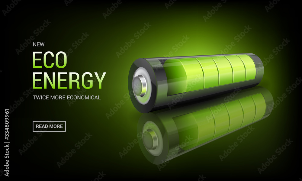 Banner with Realistic 3d green battery, environmental alternative ...