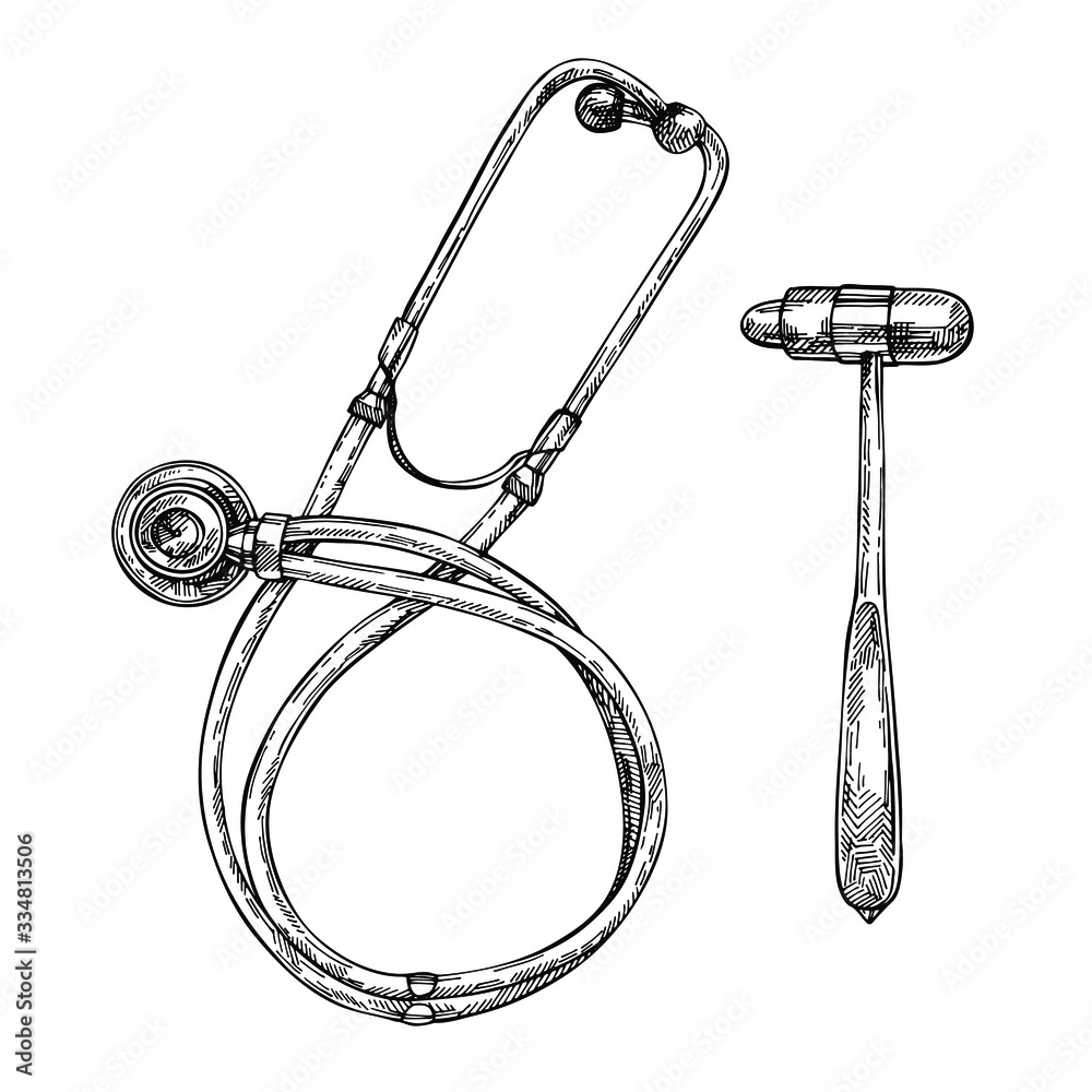 Hand-drawn sketch of Classic Stethoscope, neurological hammer and a ...