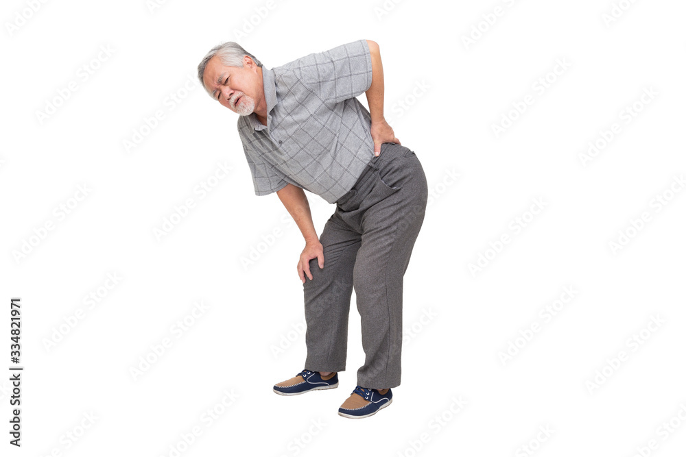 Asian mature man feels back pain isolated on white background, Sad ...