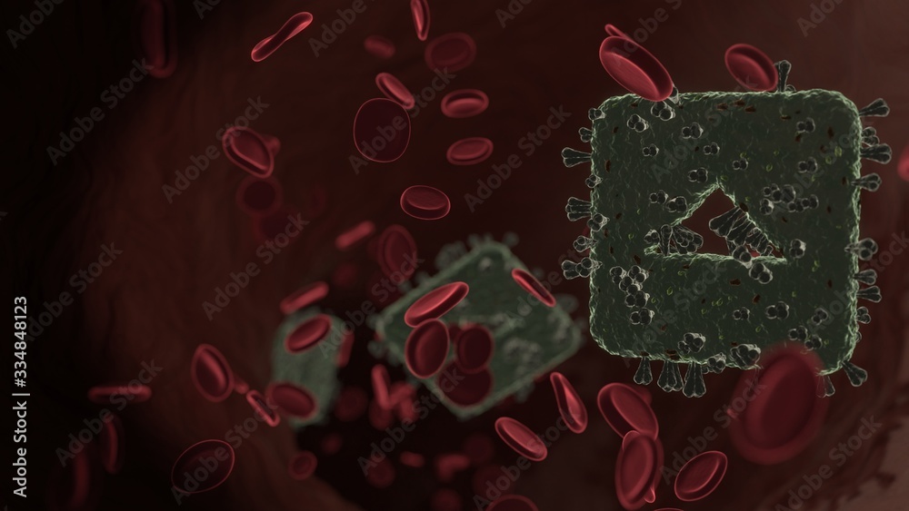 microscopic 3D rendering view of virus shaped as symbol of caret square ...