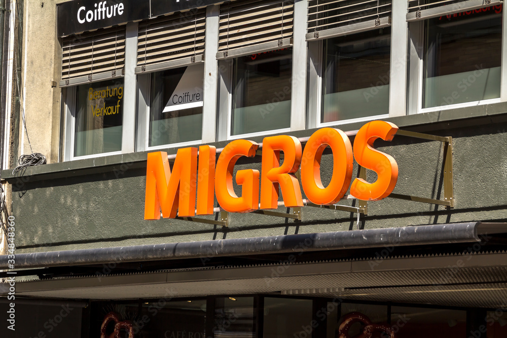 Basel, SWITZERLAND - entrance to Migros supermarket in Zurich ...