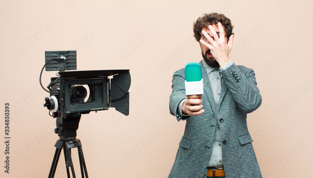 television presenter looking shocked, scared or terrified, covering ...