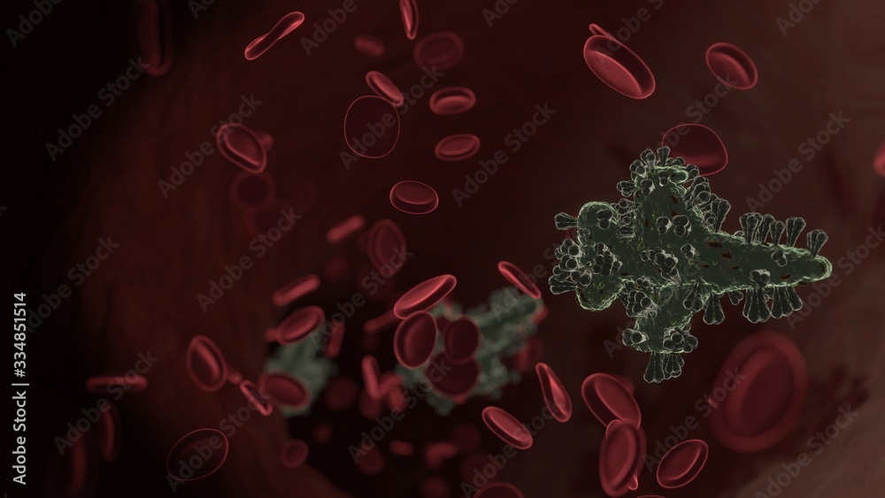 microscopic 3D rendering view of virus shaped as symbol of fighter jet ...