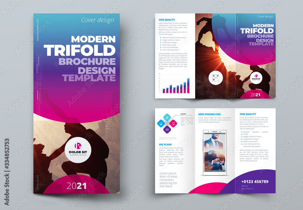 Purple, Pink, and Blue Gradient Trifold Brochure Layout with Circles ...