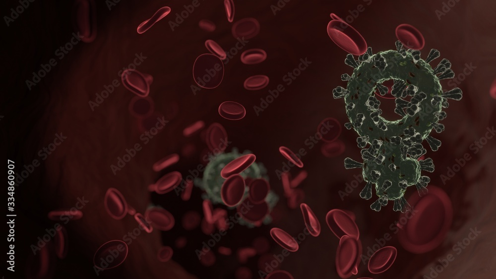 microscopic 3D rendering view of virus shaped as symbol of Venus inside ...