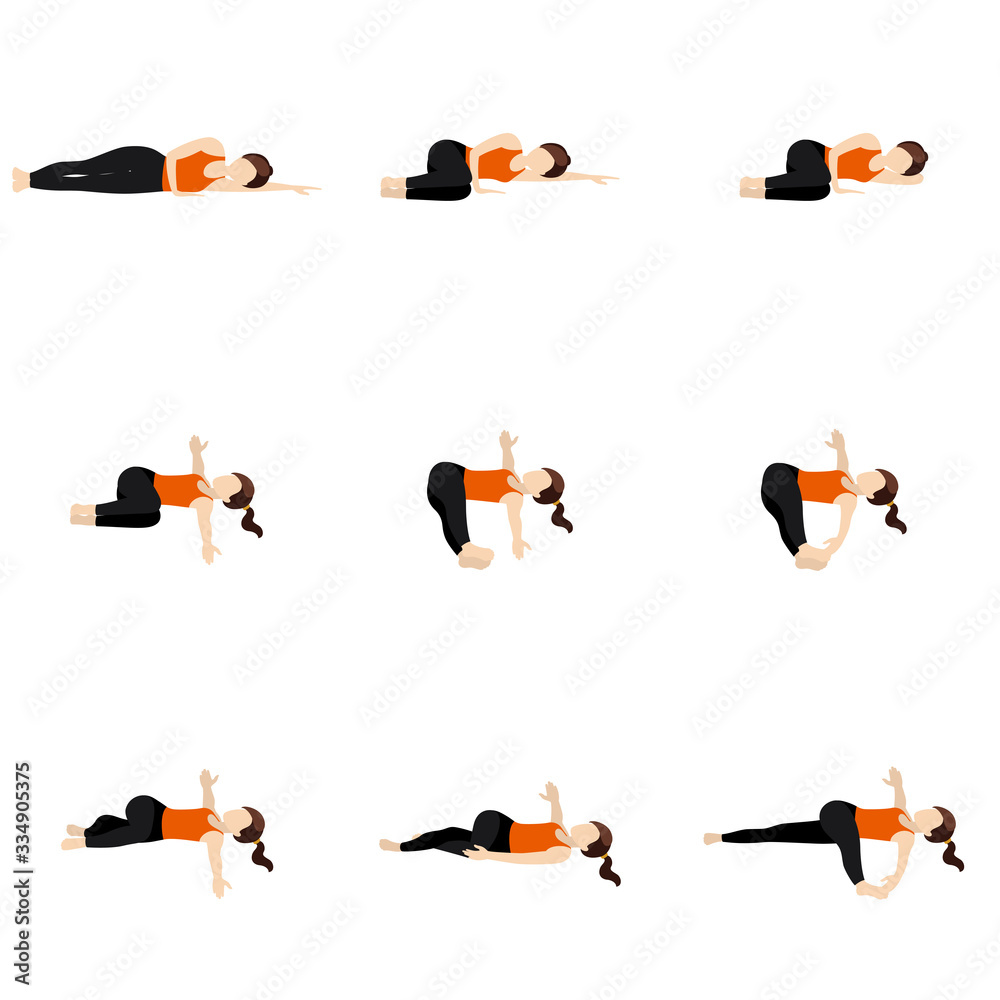 Spinal twist and resting yoga asanas set/ Stylized woman practicing ...
