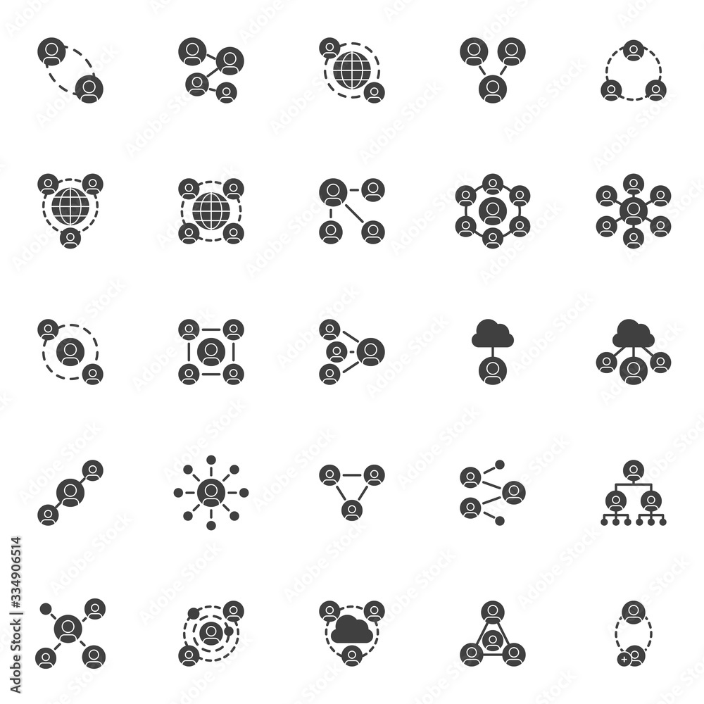 Connected people vector icons set, modern solid symbol collection ...