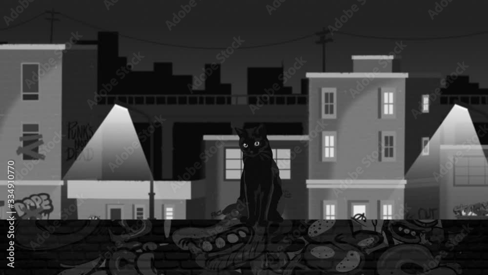 Black cat on a wall full of graffiti. ghetto street, downtown full of ...
