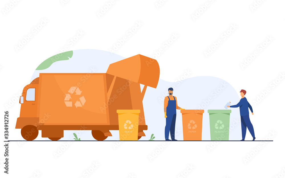 Garbage collector cleaning waste bin flat vector illustration. Cartoon ...
