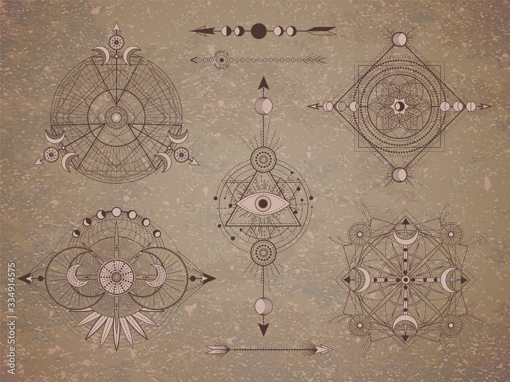 Vector set of Sacred symbols with moon, eye, arrows and geometric ...