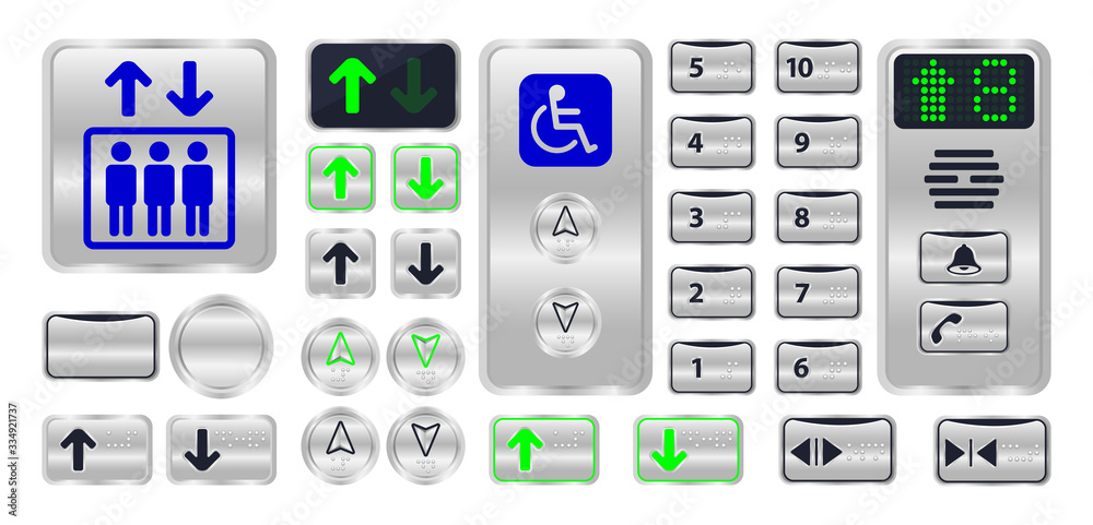 elevator button with braille sign isolated on white, silver metal ...