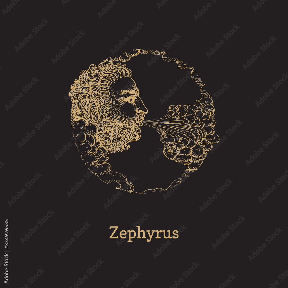 Zephyrus, west wind hand drawn in engraving style. Vector graphic ...