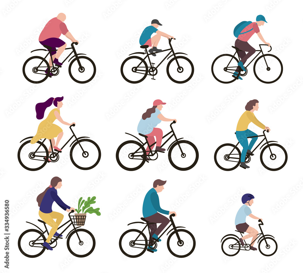 Group of people on bicycles. Male, female, kid persons riding different ...