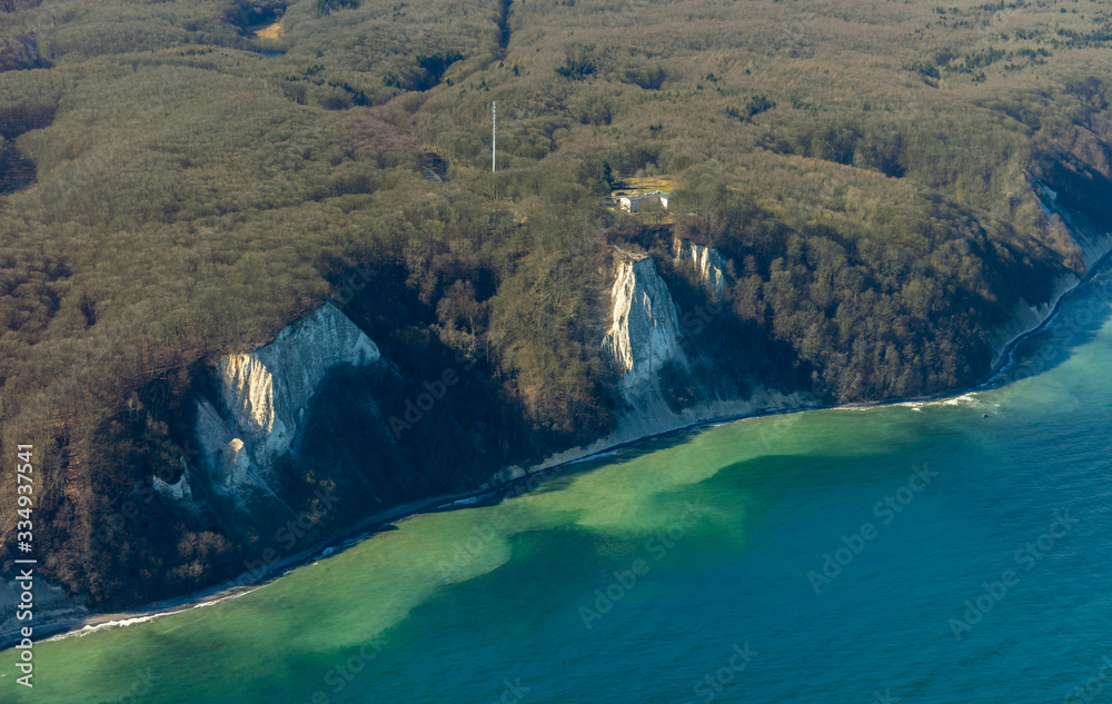 An aerial aerial view in winter of the famous chalk cliff of the German ...