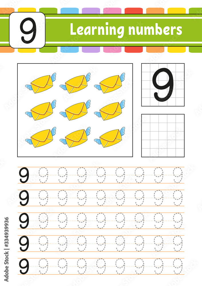 Number 9. Trace and write. Handwriting practice. Learning numbers for ...