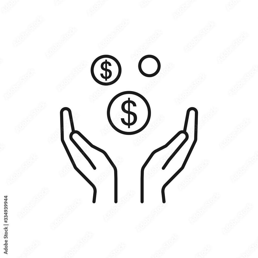 Isolated line icon of some coin, money in two outline hands on white ...
