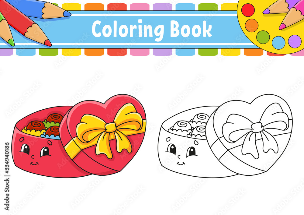 Coloring book for kids. Open gift box with chocolates. Cartoon ...