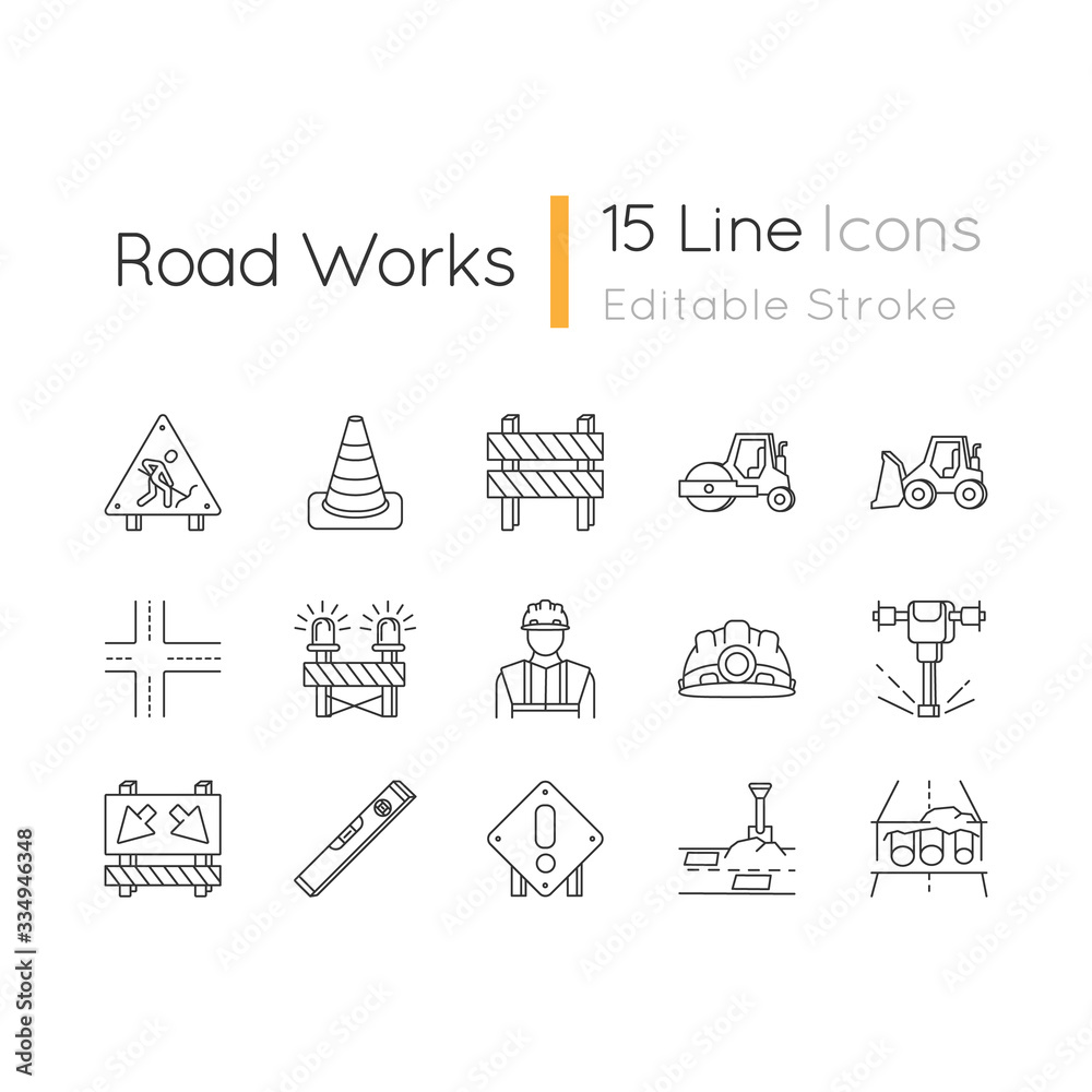 Road works pixel perfect linear icons set. Roadsign for construction ...