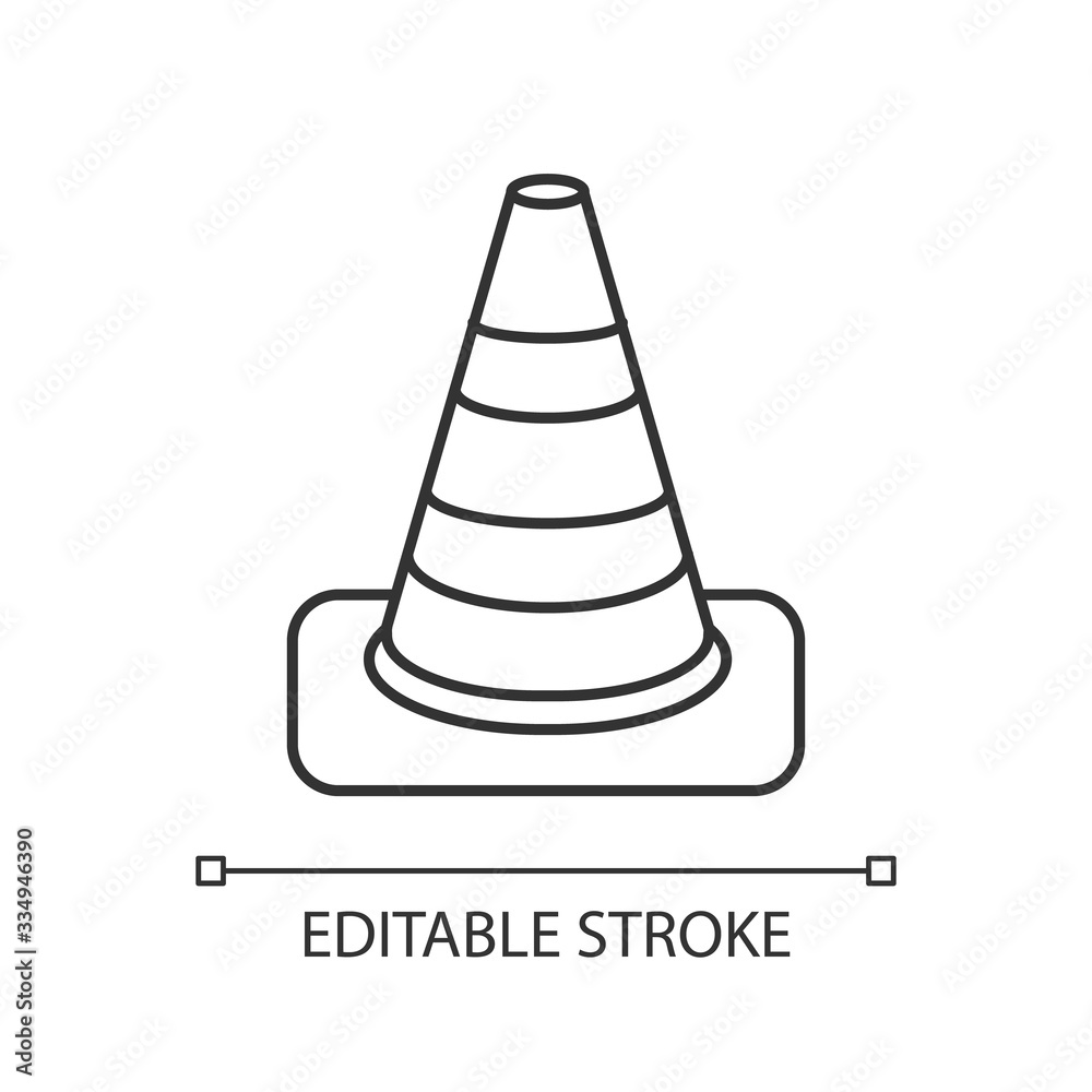 Traffic cone pixel perfect linear icon. Roadworks caution. Pedestrian ...