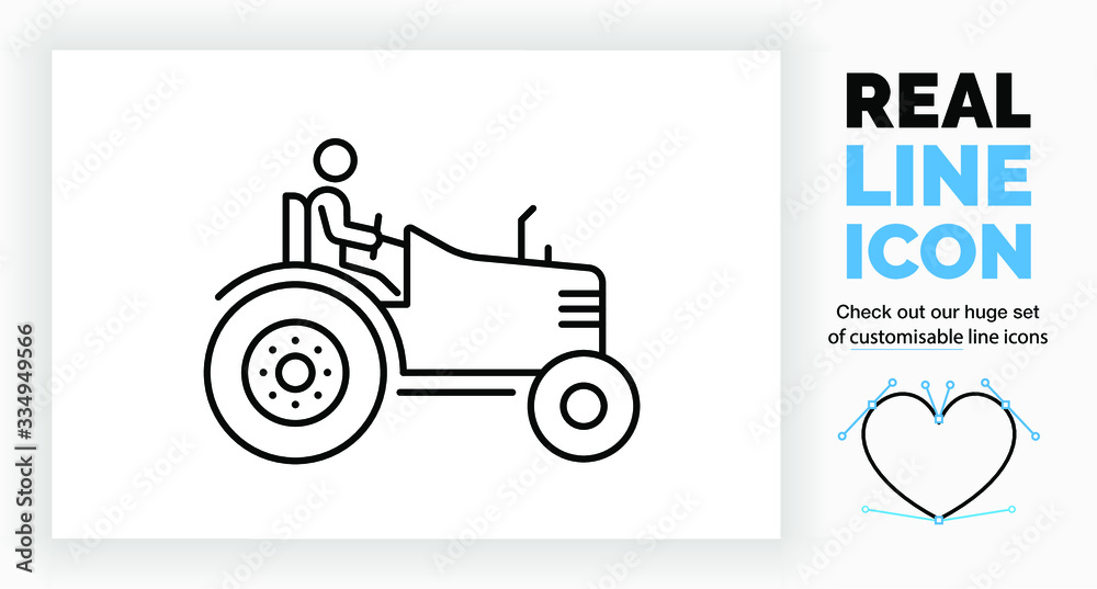 Editable real line icon of a farmer stick figure riding on his tractor ...