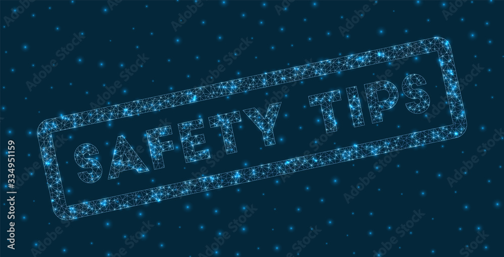 Safety tips word in digital style. Glowing geometric safety tips badge ...