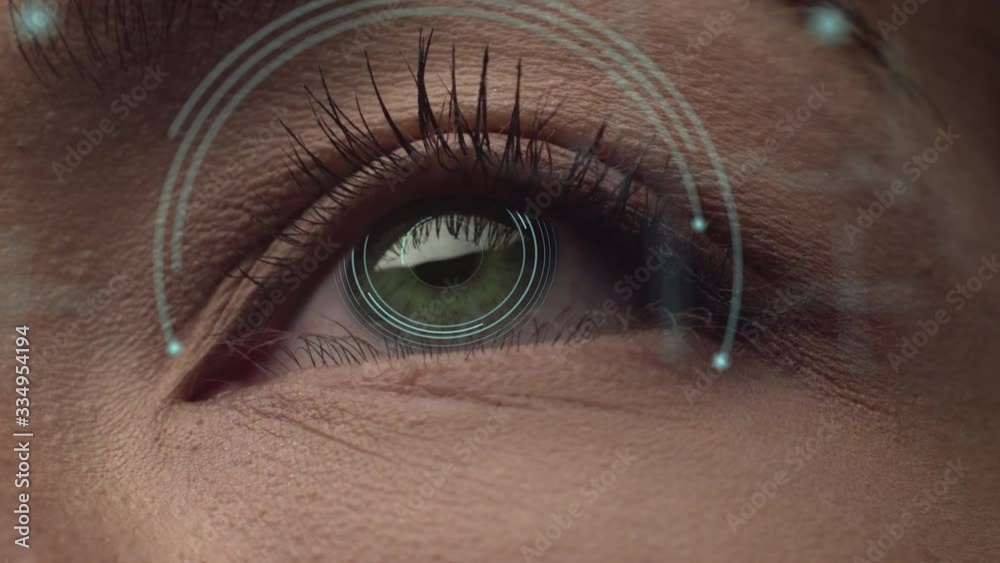 Face id. Facial recognition, female eye close up shot. Technological 3d ...