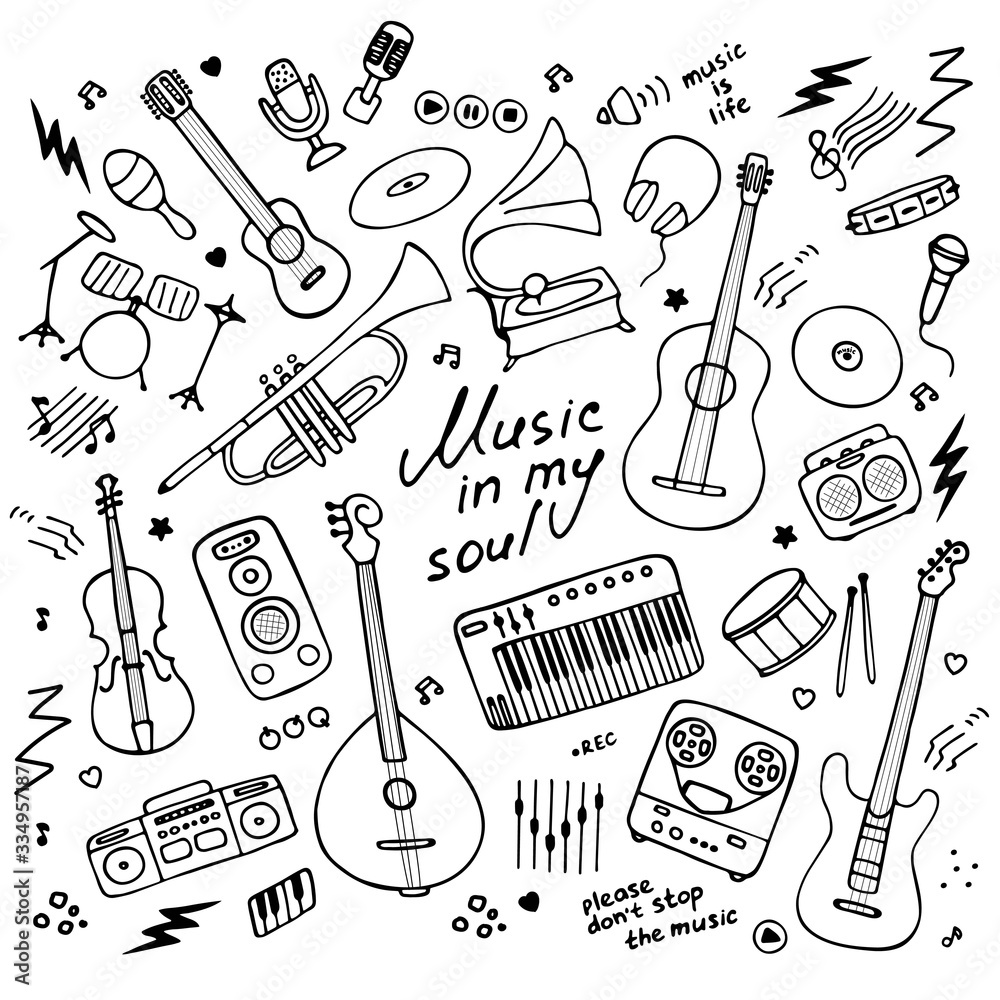 Music. Big set of icons for print and digital. Doodle elements of ...