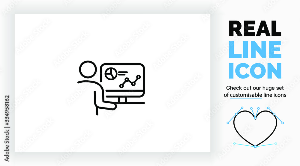 Editable real line icon of a stick figure analyst person working at his ...