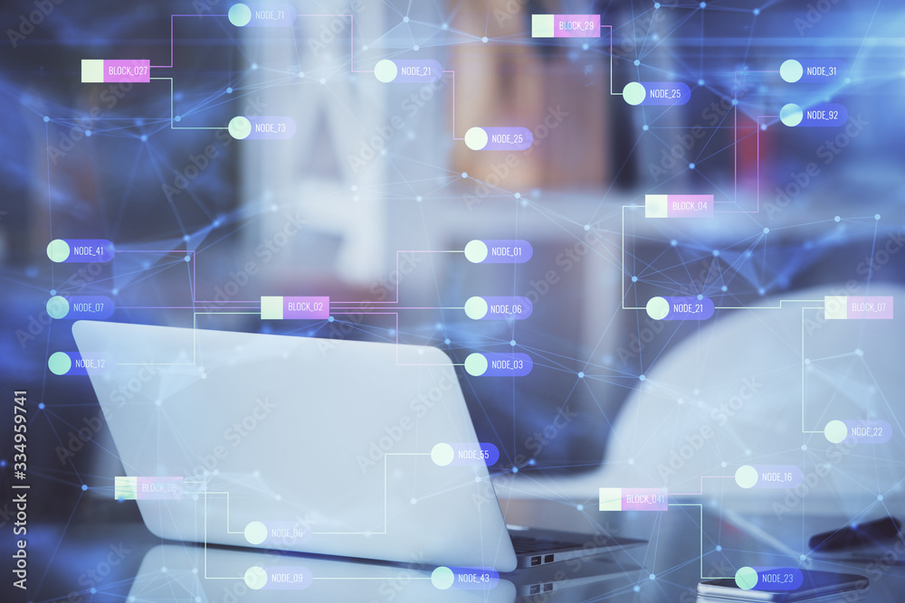 Technology theme drawing and table with computer. Multi exposure ...